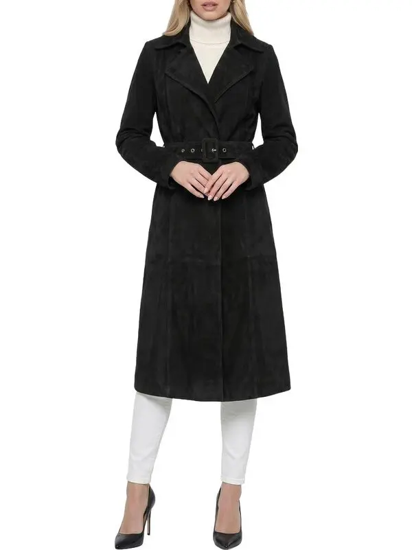 Gorski Genuine Metis Suede Belted Trench Coat - Black