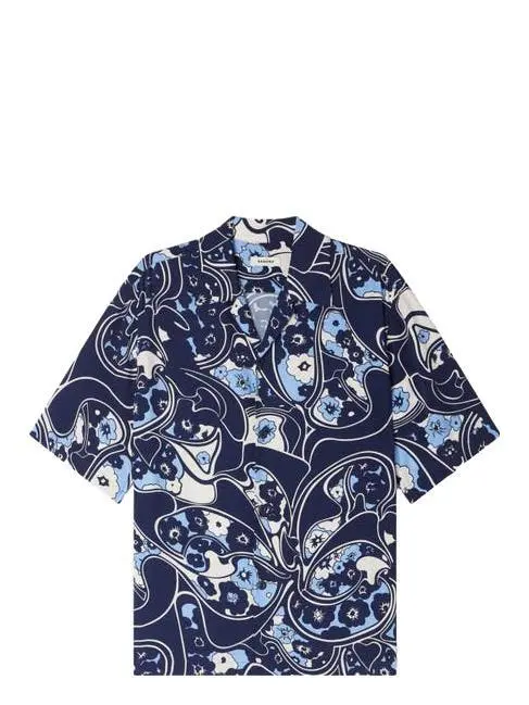 Sandro Loose-fit Print Shark Collar Shirt - Navy Blue
