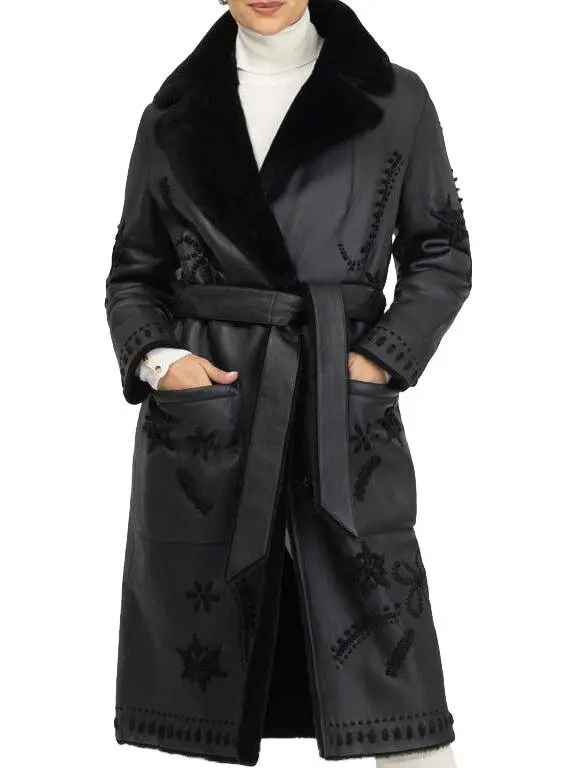 Gorski Genuine Shearling Embroidered Coat - Black/black