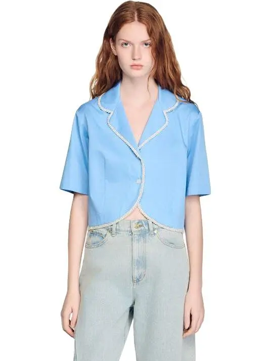 Sandro Cotton Shirt With Beaded Trim - Blue