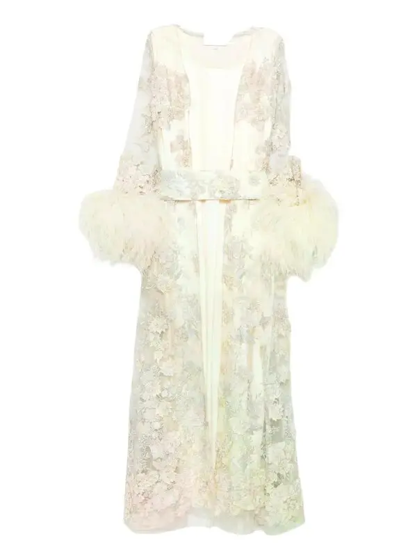 REEM AL DHAHERI Floral Lace Kaftan Set - Neutrals