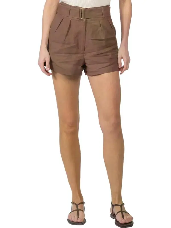 HEVRON Belted Pleated Shorts - Brown