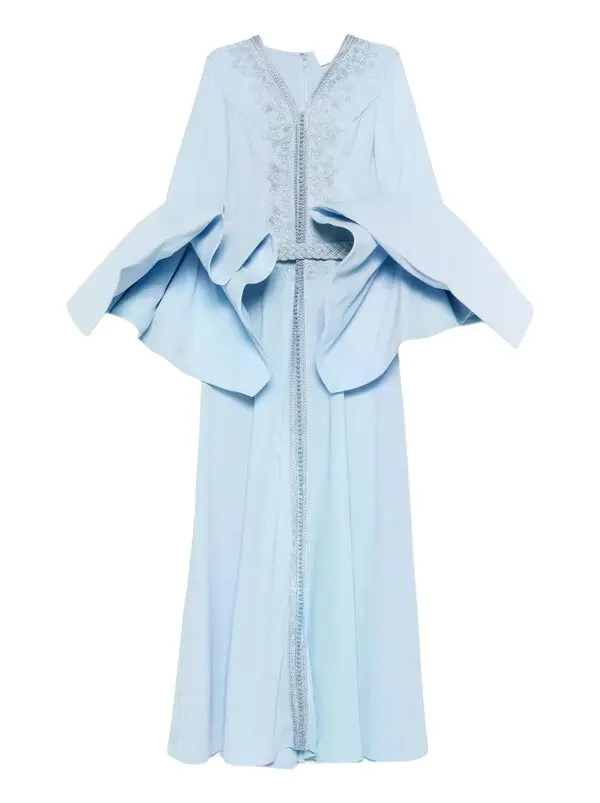 REEM AL DHAHERI Embroidered Maxi Kaftan With Ruffled Sleeves - Blue
