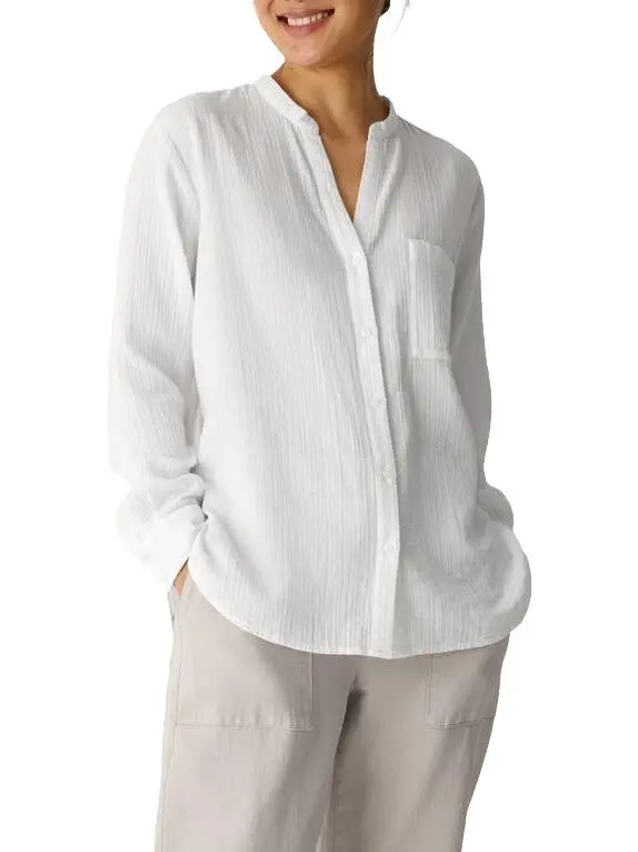 Eileen Fisher Mandarin Collar Textured Organic Cotton Tunic - White