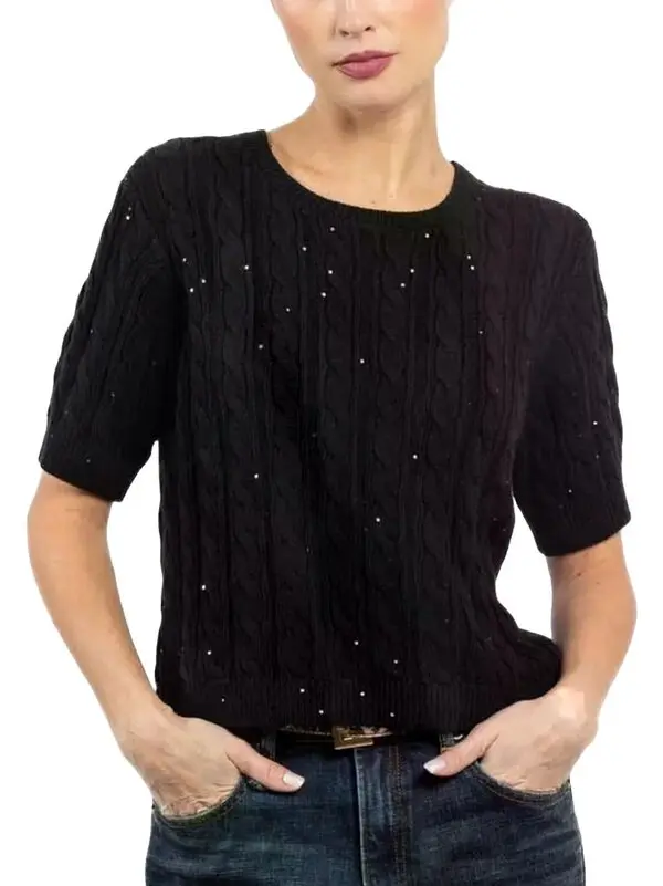 FRAME Cable-knit Embellished Top - Black