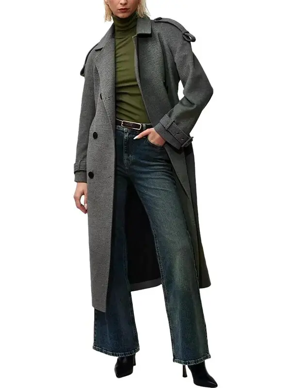 POCHE PARIS Belted Double-breasted Coat - Grey
