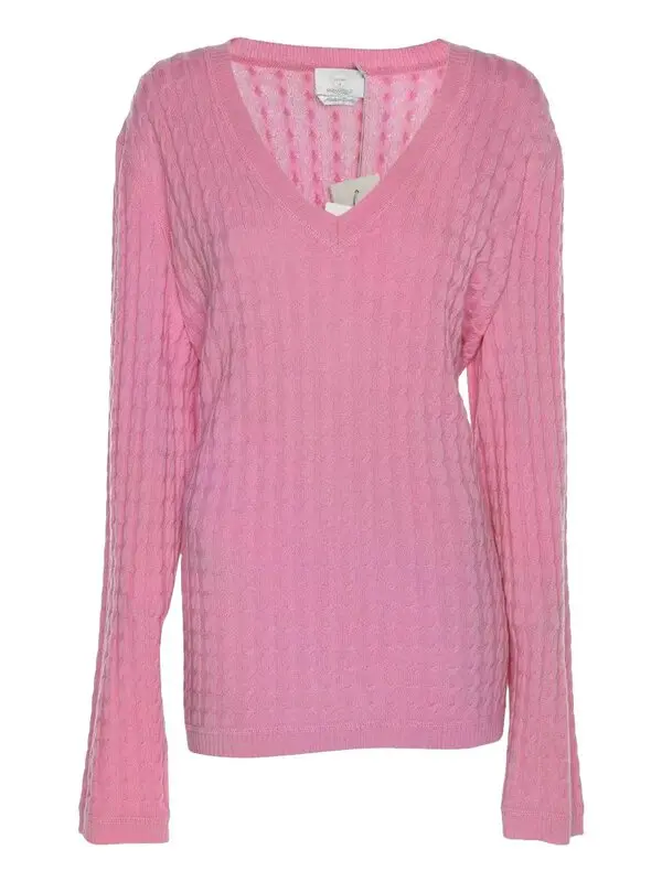 Marina Rinaldi Cable-knit V-neck Cashmere Sweater - Pink