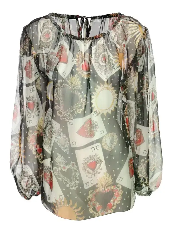 Dolce & Gabbana Sheer Printed Tie-neck Blouse - Black