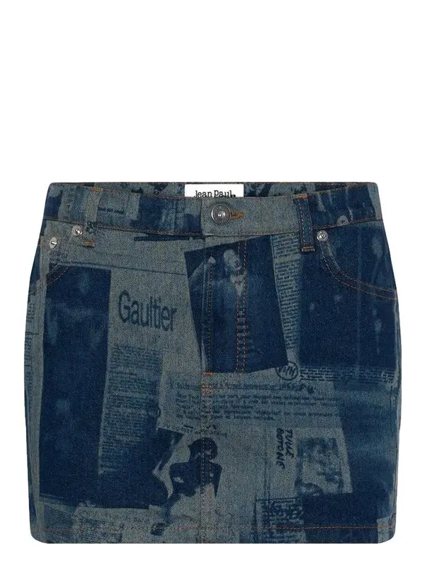 Jean Paul Gaultier Denim Mini Skirt With Newspaper Print - Blue
