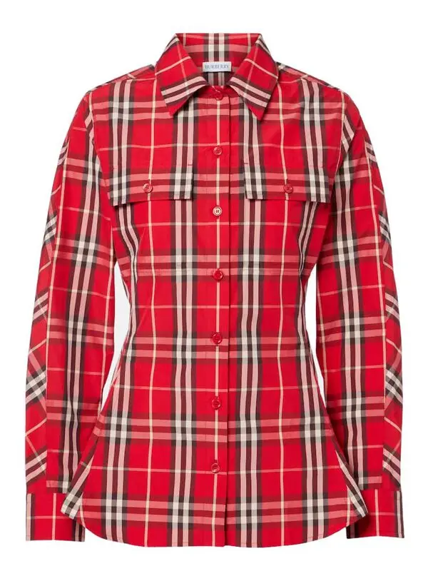 Burberry Check Peplum Cotton Shirt - Red