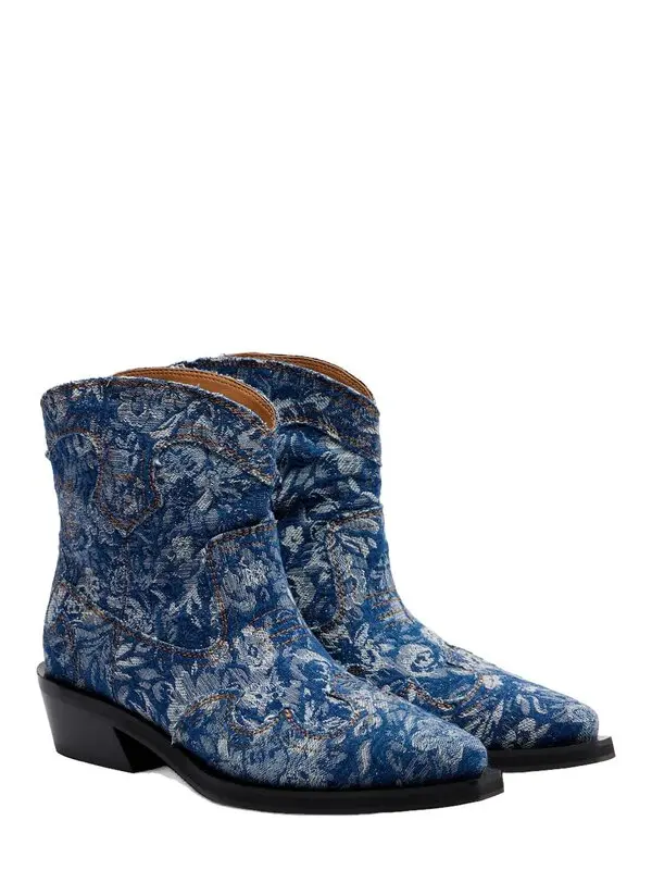 GANNI Low Shaft Embroidered Jacquard Cowboy Boots - Blue