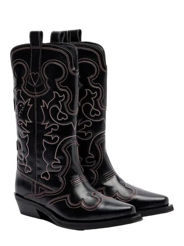 GANNI Mid Shaft Embroidered Cowboy Boots - Black