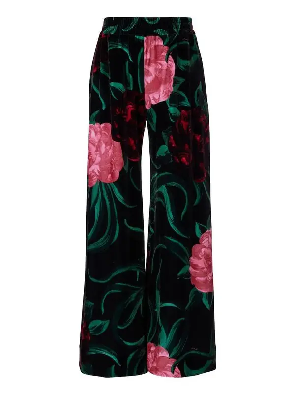 La DoubleJ Floral Velvet Palazzo Pants - Black