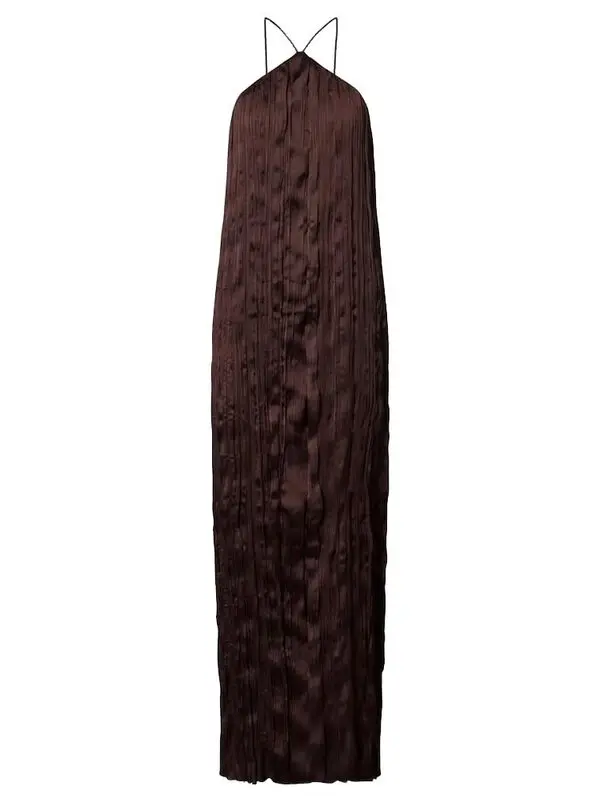 Staud Akari Plissé Halterneck Maxi Dress - Brown