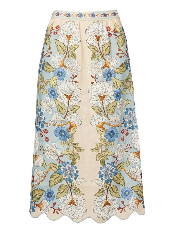 Farm Rio Floral Linen Midi Skirt - Multicoloured