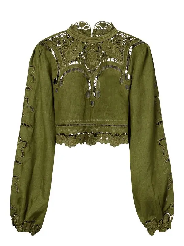 Farm Rio Floral Lace-trimmed Linen Blouse - Green