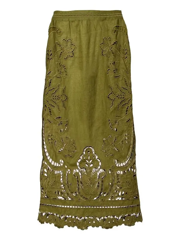 Farm Rio Floral Lace-trimmed Linen Midi Skirt - Green