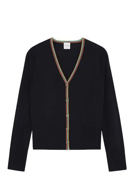 Paul Smith Merino Wool Cardigan With Striped Trim - Blue