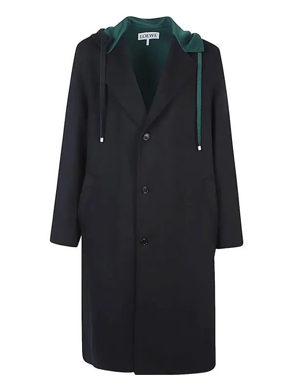 Loewe Wool And Cashmere Blend Hooded Coat - Black