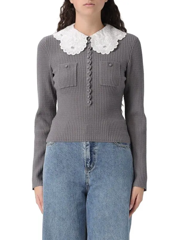 SELF-PORTRAIT Ribbed Knit Sweater With Lace Collar - Grey