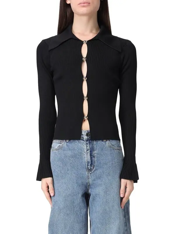 SELF-PORTRAIT Ribbed Button-up Knit Top - Black
