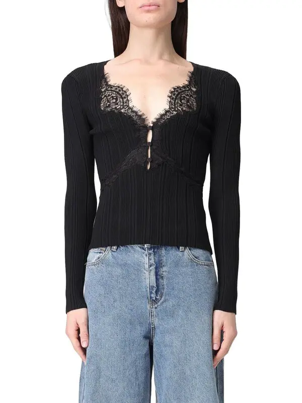 SELF-PORTRAIT Lace Trimmed Ribbed Knit Top - Black