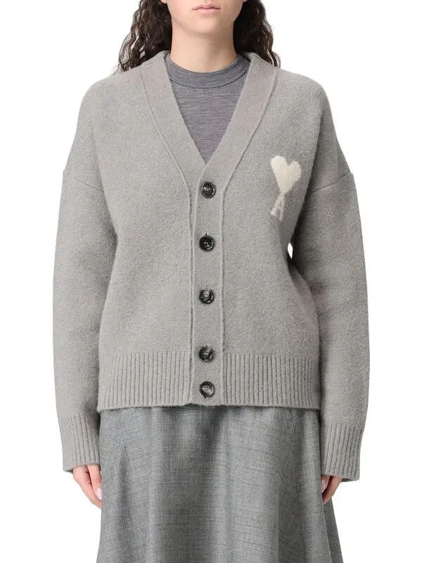 Ami Cardigan With Embroidered Logo - Grey