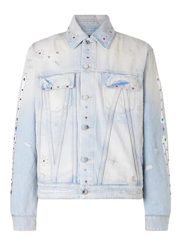 Amiri Embellished Distressed Denim Trucker Jacket - Blue