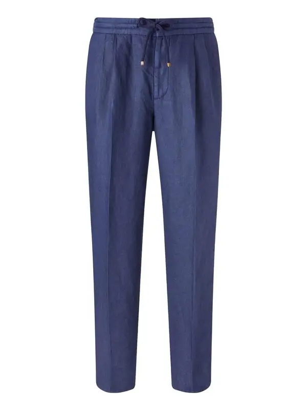 Brunello Cucinelli Tapered Pleated Linen-twill Drawstring Trousers - Navy