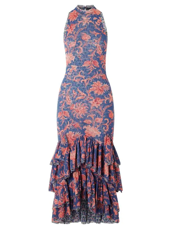 Etro Ruffled Paisley-print Tulle Midi Dress - Blue