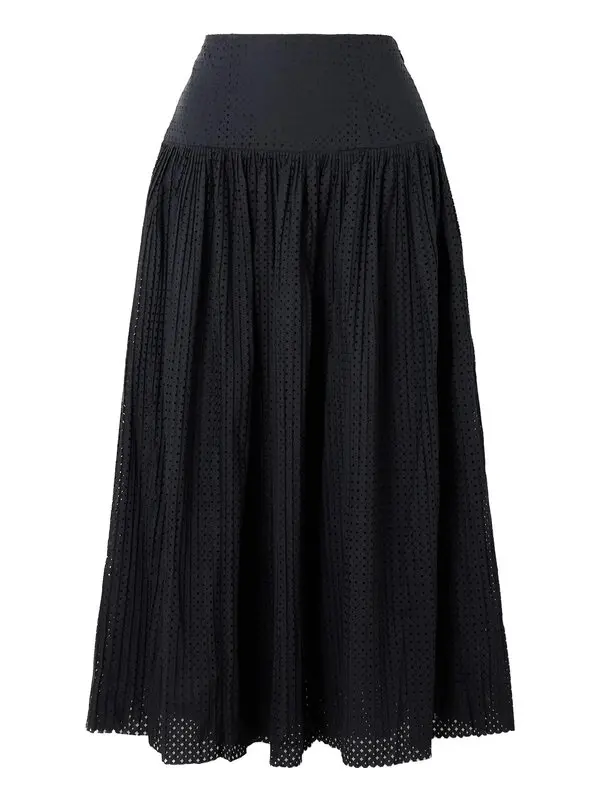 Ulla Johnson Nalla Pleated Perforated Cotton Midi Skirt - Black