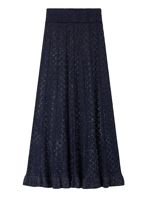 Sandro Flared Rhinestone-knit Maxi Skirt - Navy Blue