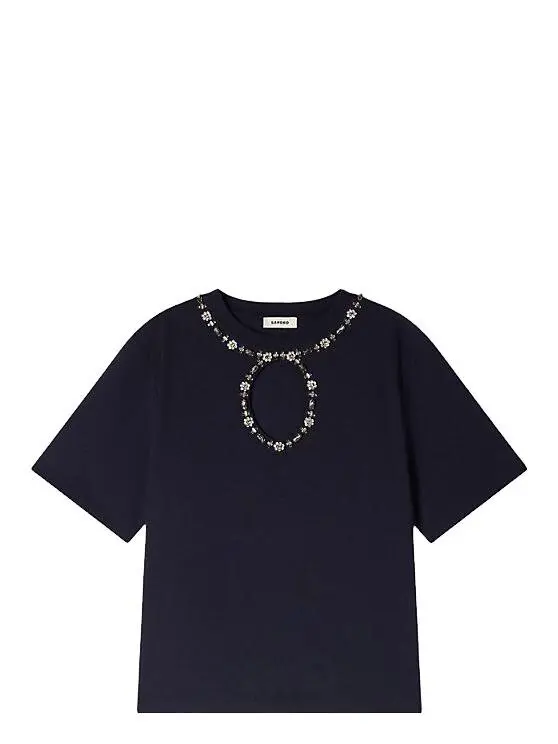 Sandro Openwork Rhinestone-embellished Cotton T-shirt - Navy Blue