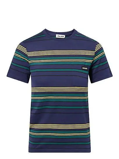 Miu Miu Stripe Logo-patch Cotton-jersey T-shirt - Blu Bottiglia