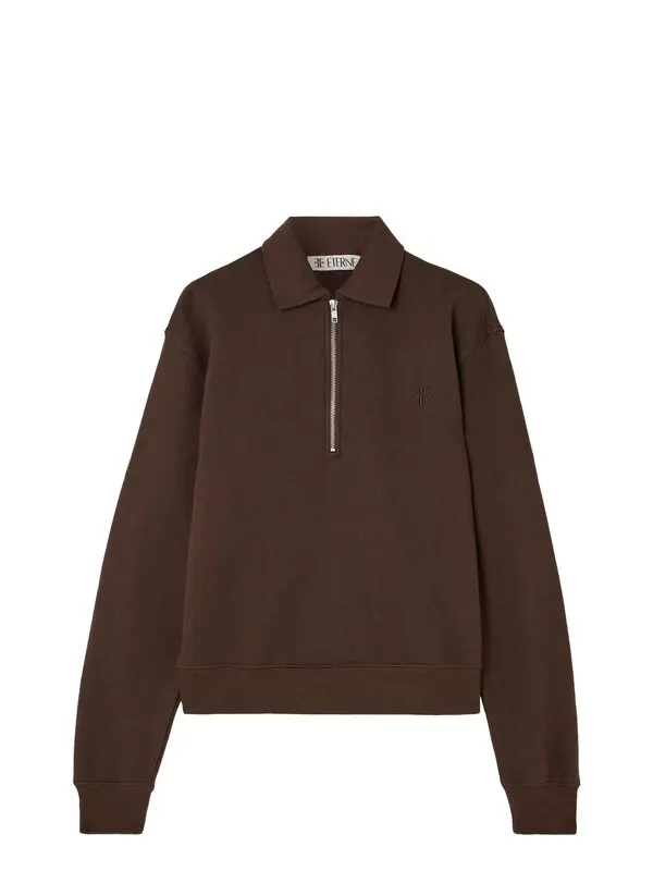 Eterne Embroidered Cotton-blend Terry Half-zip Sweatshirt - Brown