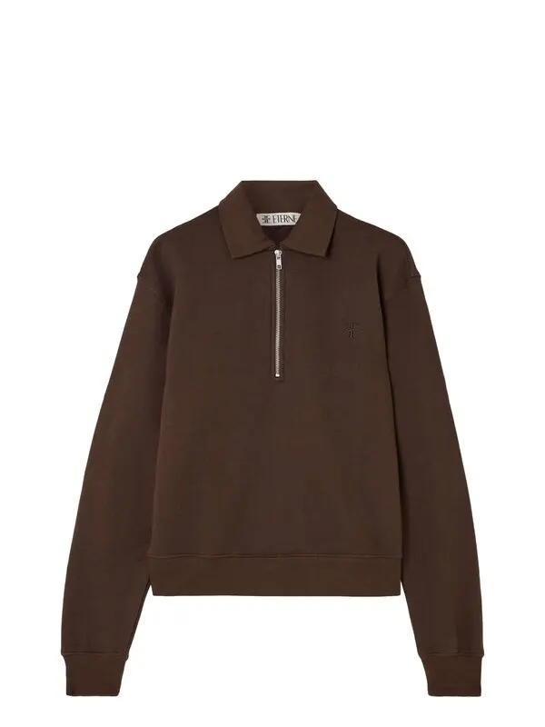 Eterne Embroidered Cotton-blend Terry Half-zip Sweatshirt - Chocolate