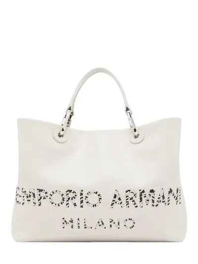 Emporio Armani Myea Medium Shopper Bag In Nappa Leather With Zebra-striped Logo - Beige