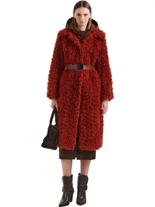 Rudsak Long Faux Fur Wool Teddy Trench - Orange / Red