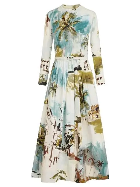 Oscar De La Renta Dominican Landscape Cotton Poplin Dress - Natural