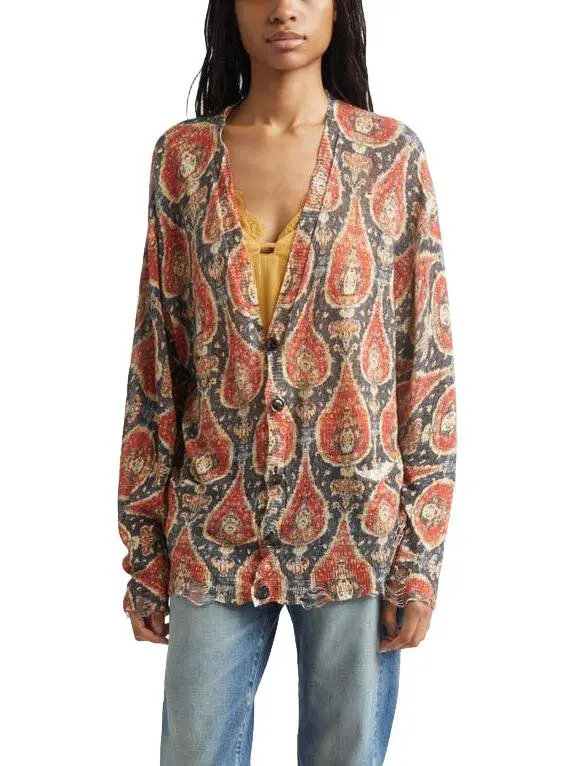 R13 Printed Linen Boyfriend Cardigan - Black/red Multicolor
