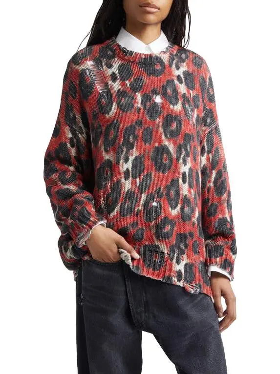 R13 Leopard Print Distressed Sweater - Red/black Leopard