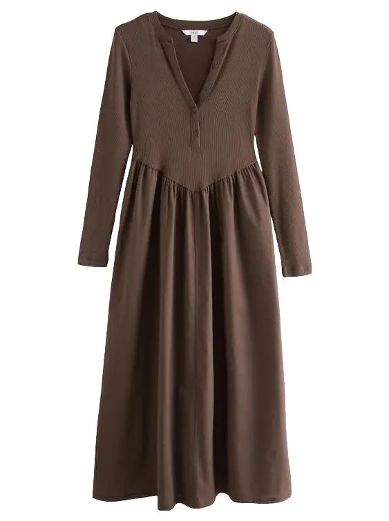 NEXT Long Sleeve Mixed Media Midi Dress - Brown