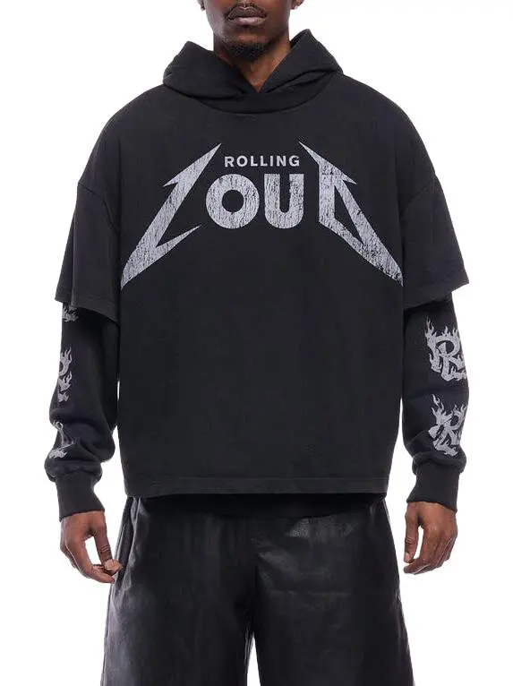 ROLLING LOUD Cotton-blend Layered Graphic Hoodie - Washed Black