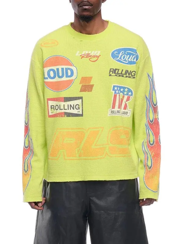 ROLLING LOUD Loud Racing Distressed Graphic Long Sleeve Thermal T-shirt - Neon Green