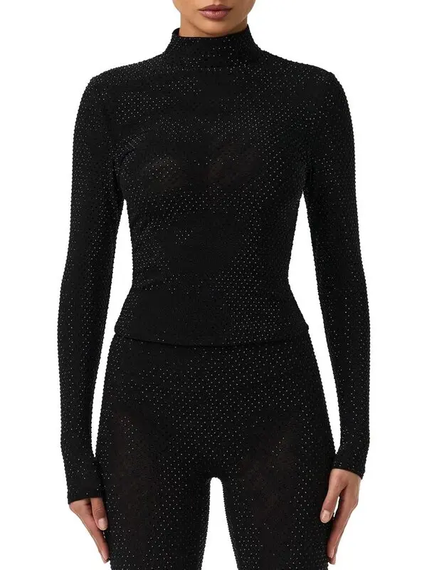 Naked Wardrobe Rhinestone Long Sleeve Top - Black
