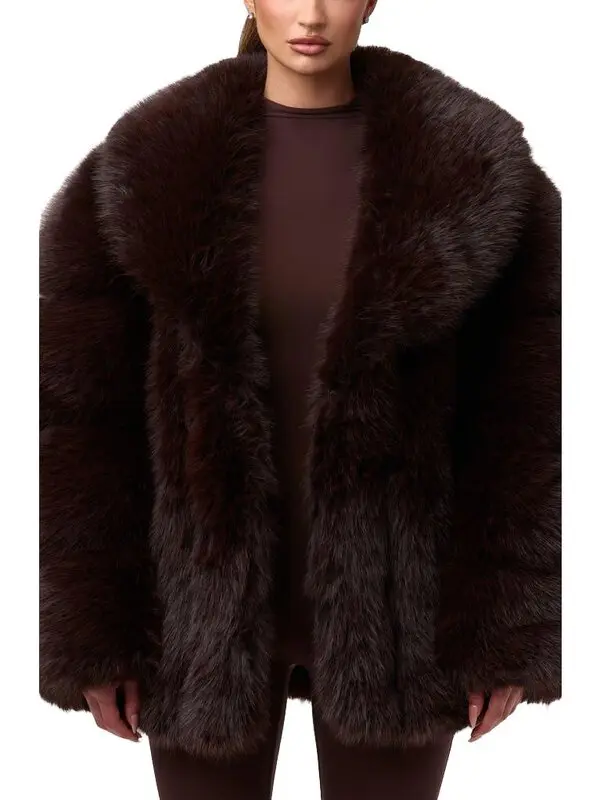 Naked Wardrobe Shawl Lapel Faux Fur Coat - Dark Chocolate