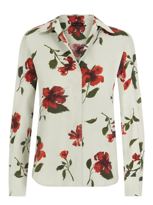 Oscar De La Renta Hibiscus Cotton Poplin Blouse - One-color