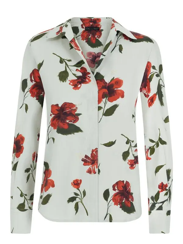 Oscar De La Renta Hibiscus Cotton Poplin Blouse - One-color