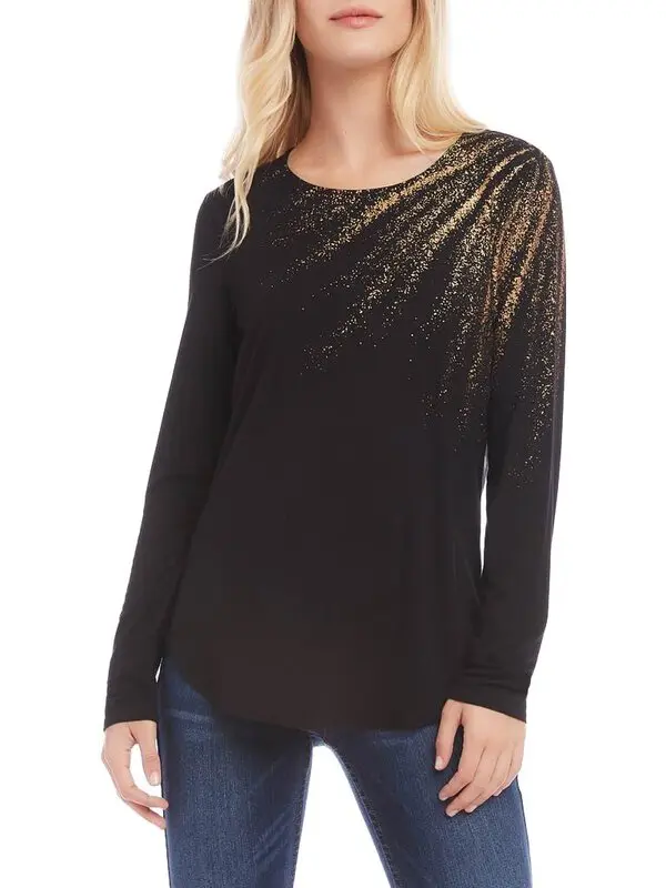 Karen Kane Metallic Graphic Long-sleeve Top - Black