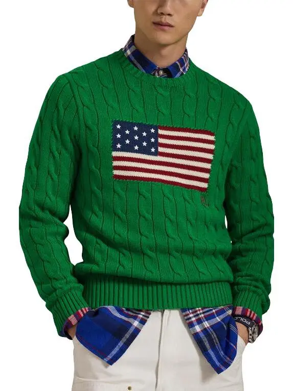 Polo Ralph Lauren Flag Intarsia Cabled Cotton Crewneck Sweater - Billard Green